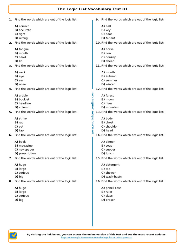Logic List Vocabulary Test 01 | PDF