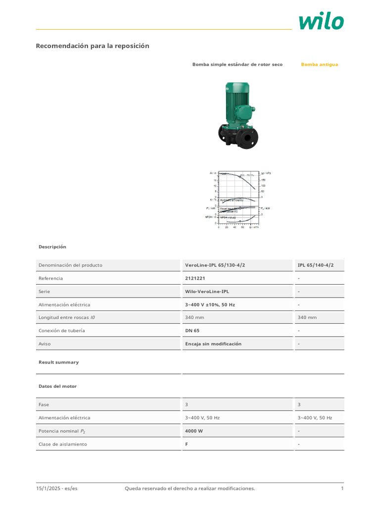 Wilo Datasheet - Es - Es - Ipl 65 140 4 2 | PDF | Ingeniería mecánica