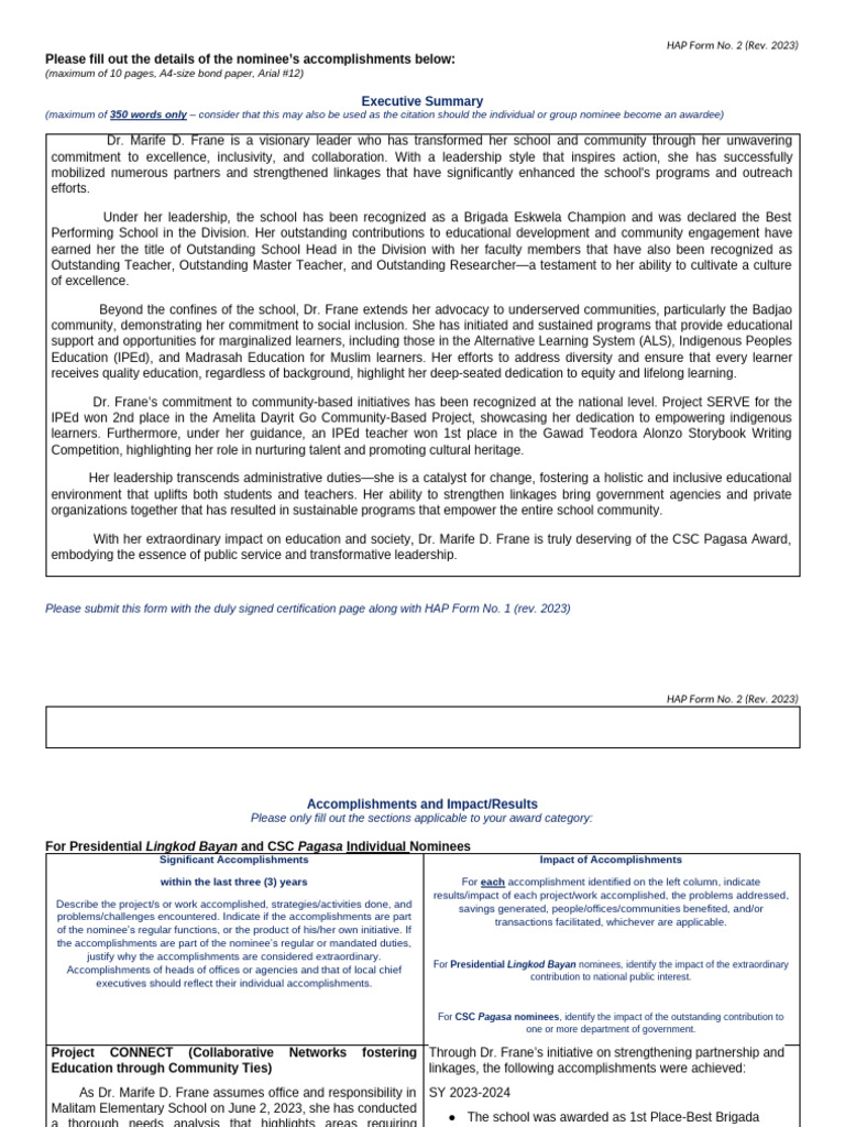 HAP Form No. 2 Rev. 2023 Accomplishment Form and Certification (Marife D. Frane) | PDF