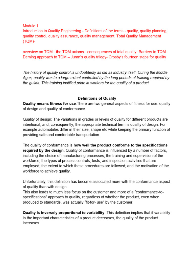 QM Module 1 | PDF | Quality Assurance | Quality Management System