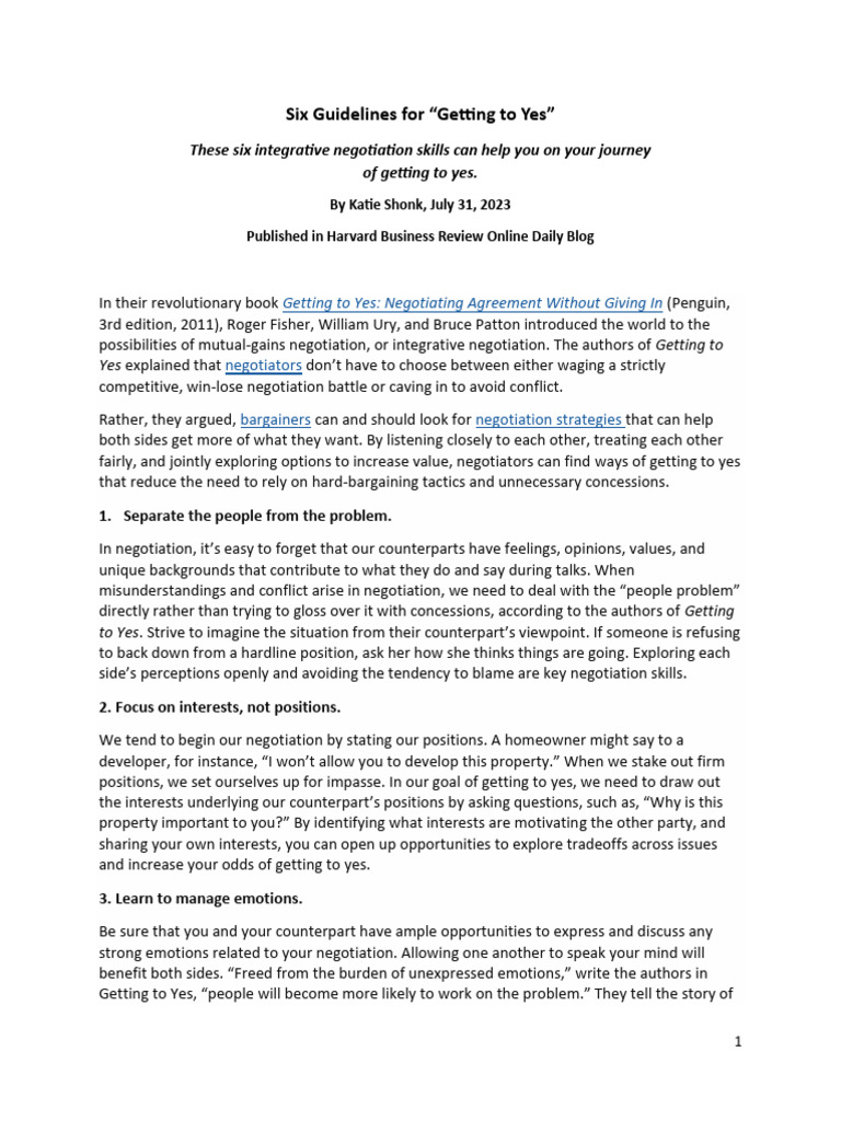Six Guidelines For Getting To Yes | PDF | Negotiation | Behavioural ...