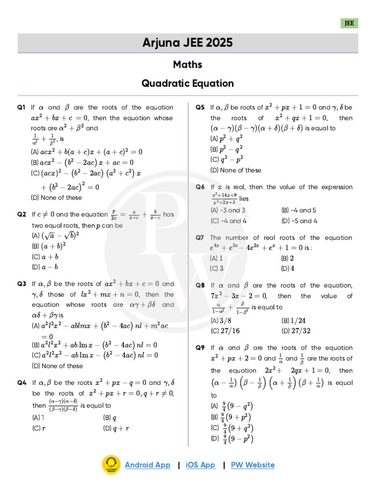 Quadratic Equation - Practice Sheet - Arjuna JEE 2025 | PDF | Mathematical Analysis ...