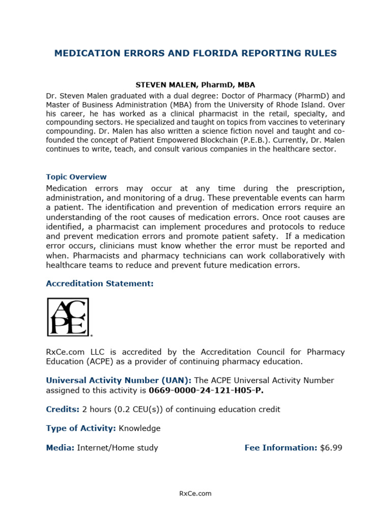 Medication Errors and FL Reporting Rules Ceu | PDF | Medical Error | Pharmacy