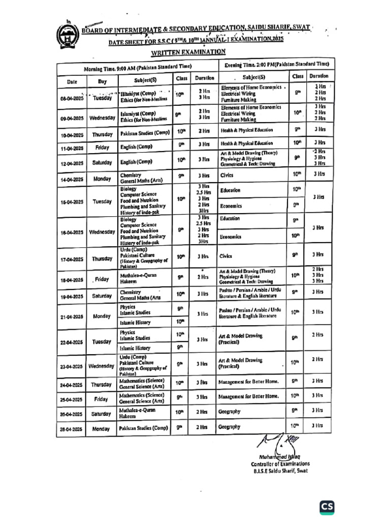 Date Sheet SSC Annual Examination 2025 | PDF