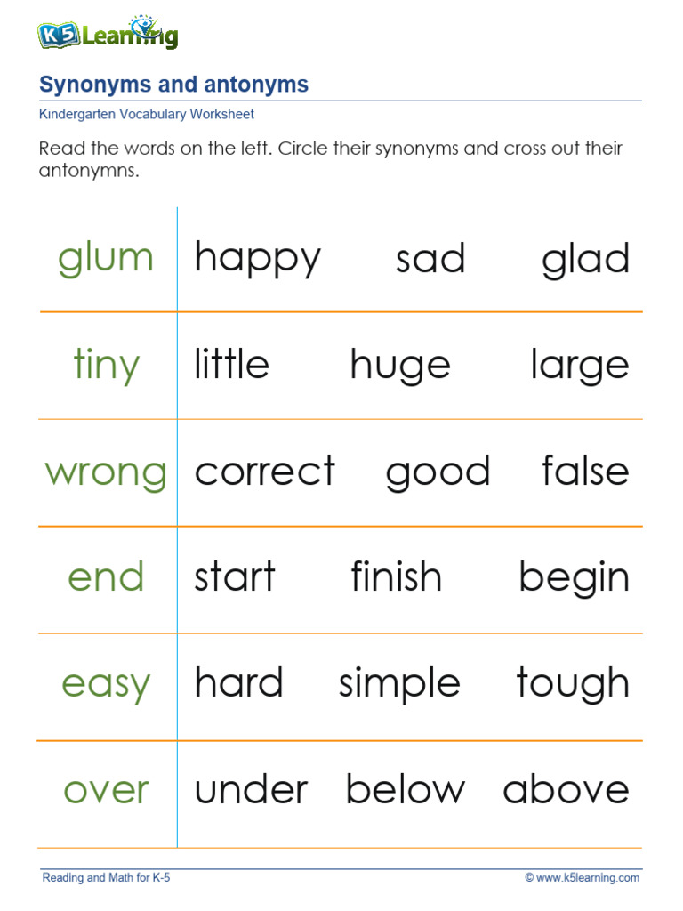 Kindergarten Synonyms Antonyms Circle Cross Words 1 | PDF