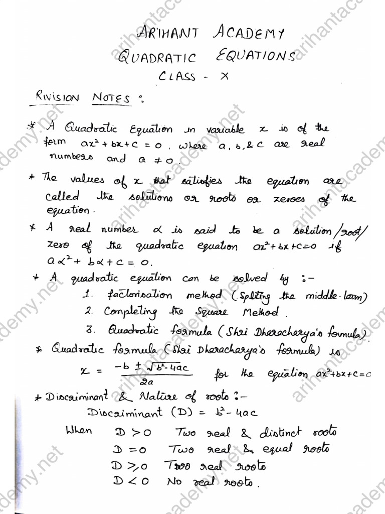 Quadratic Equation Notes and Questions Class 10 | PDF