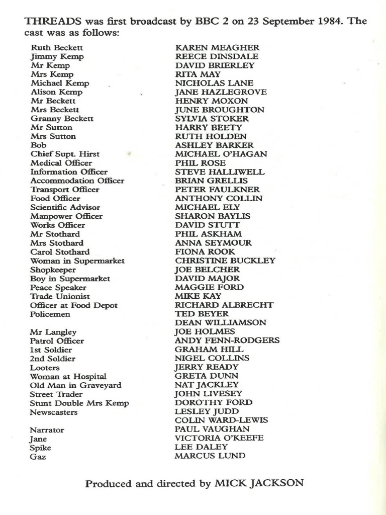 Threads (1984 Nuclear War Film) Screenplay by Barry Hines | PDF