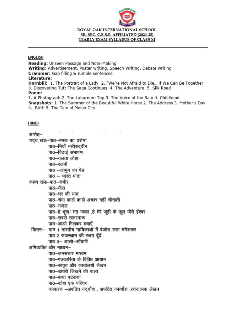 Yearly Exam Syllabus Class Xi 2024 25 Pdf Accounting Chemistry
