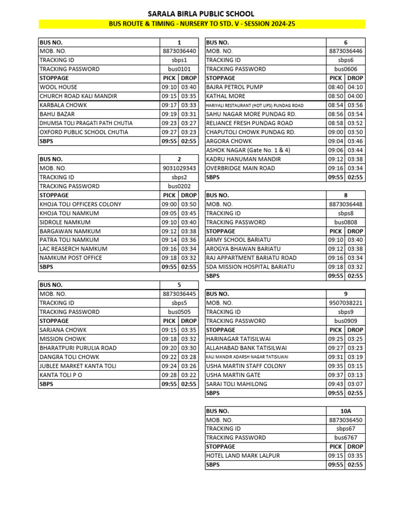 Jr. Bus Route Chart 2024-25 | PDF