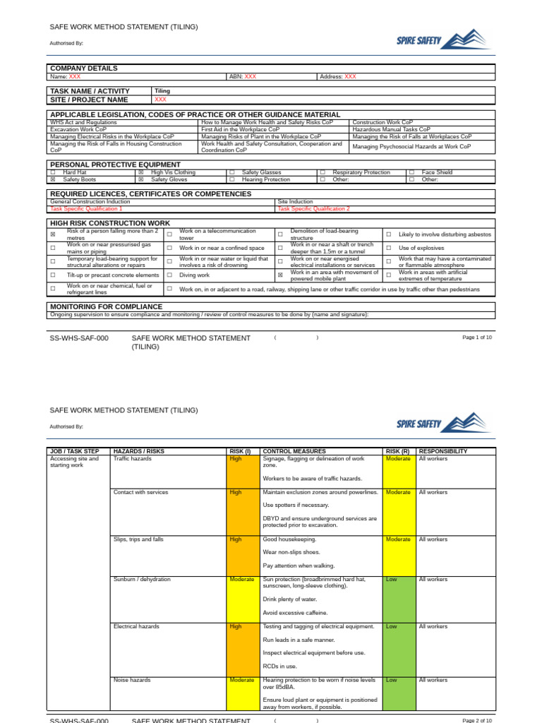 SS WHS SAF 000 Safe Work Method Statement Tiling 2 | PDF | Personal Protective Equipment ...