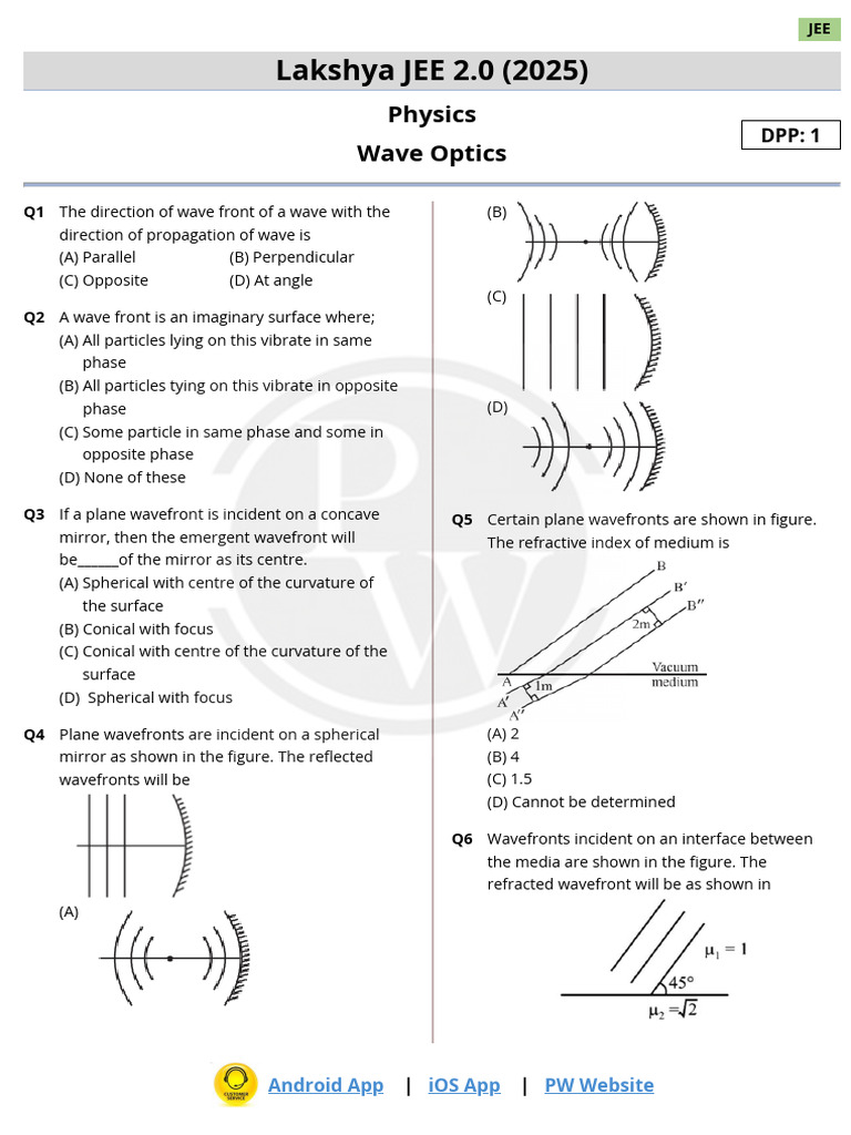 Wave Optics DPP 01 (of Lec 04) Lakshya JEE 2.0 2025 | PDF | Waves | Motion (Physics)