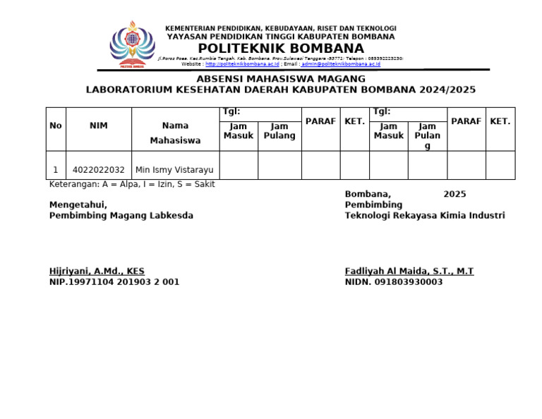 Absensi Mahasiswa Magang Labkesda 2024 | PDF