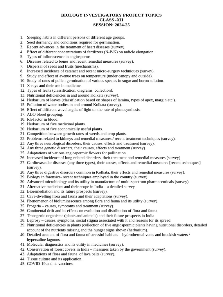 Class 12 Biology Project Topics 2024-25 | PDF | Seed | Germination