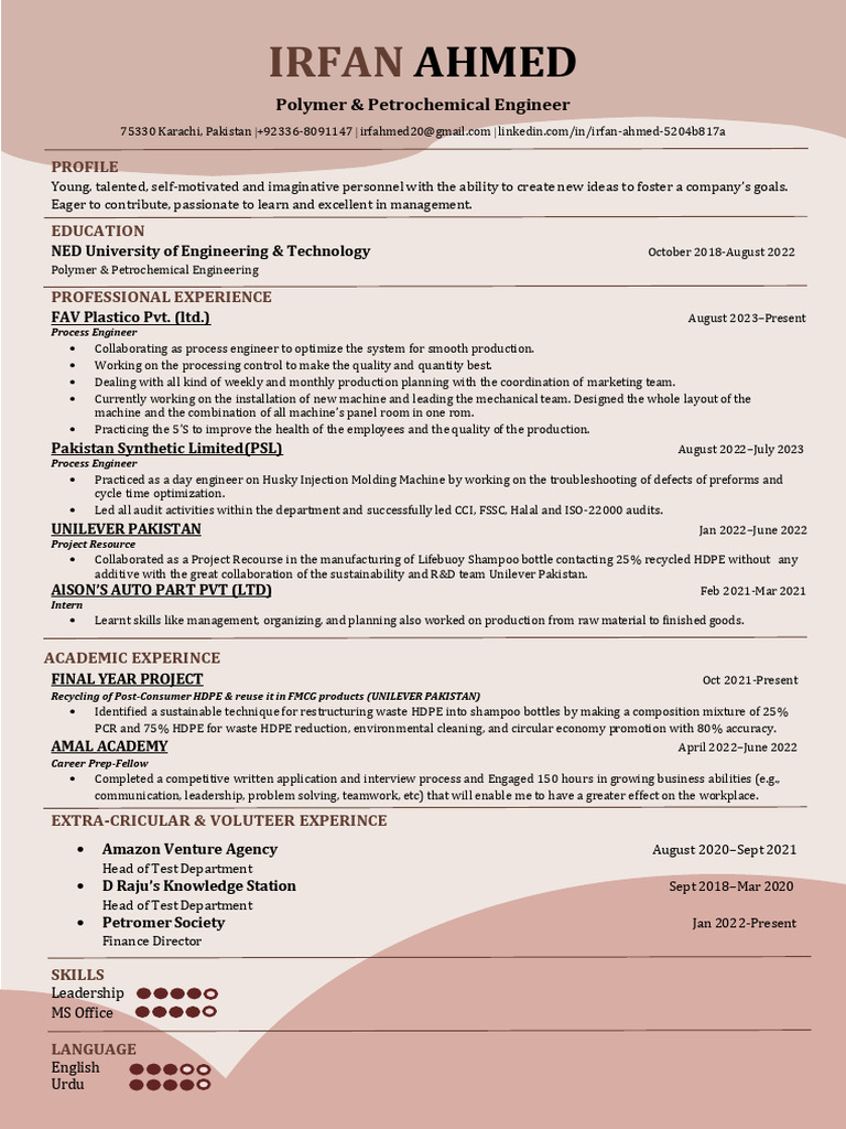 Resume Irfan Ahmed Updated | PDF | Recycling