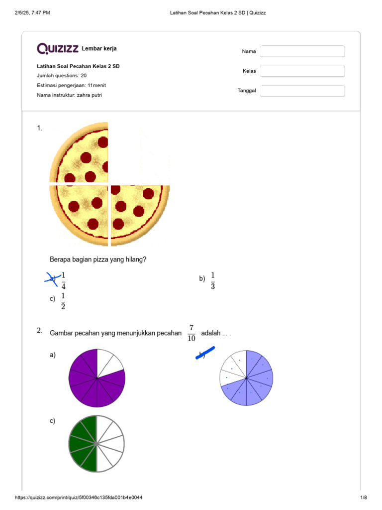Latihan Soal Pecahan Kelas 2 SD _ Quizizz | PDF
