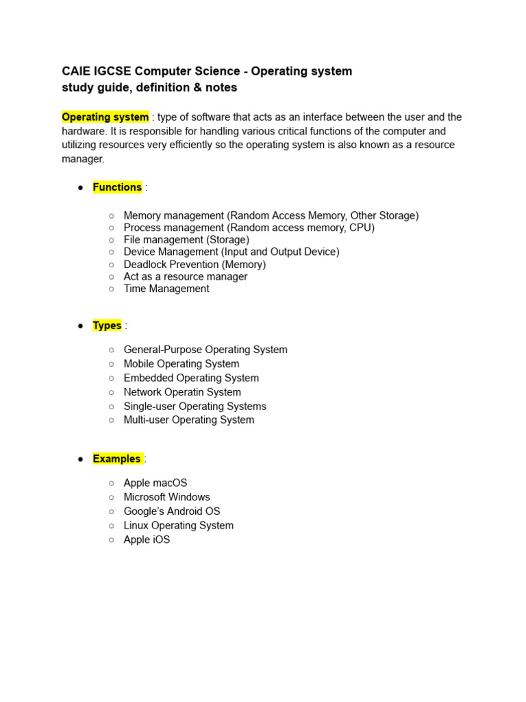 CAIE IGCSE Computer Science - Operating system study guide | PDF
