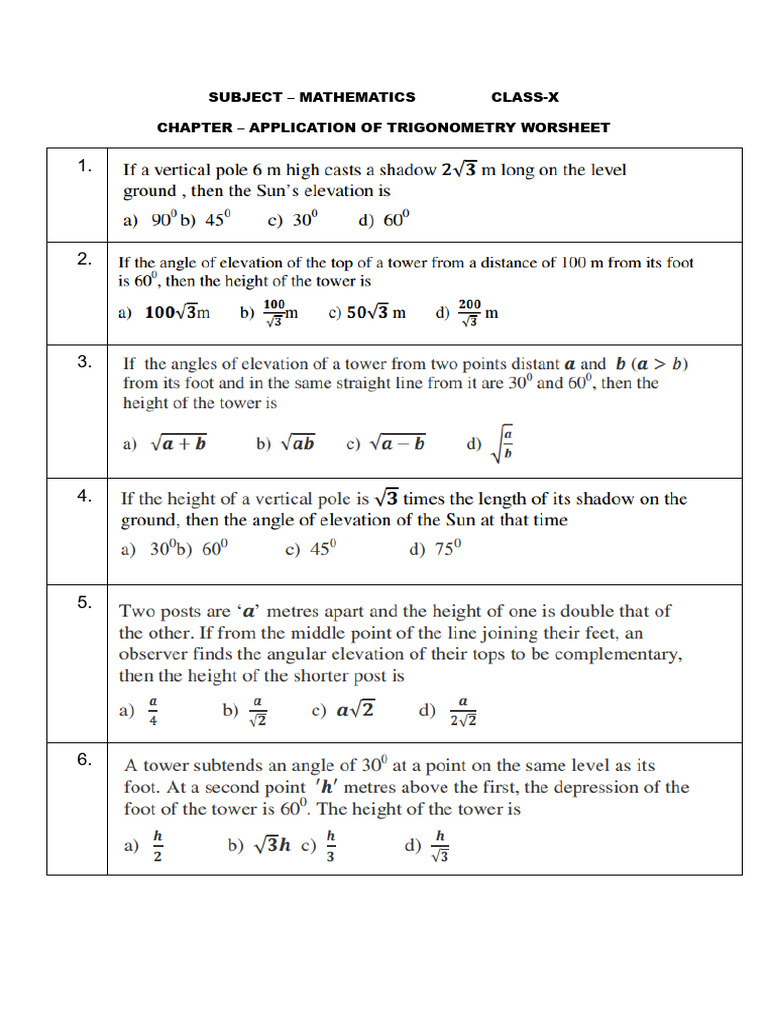 Application of Trigonometry Revision Worksheet Class 10 | PDF