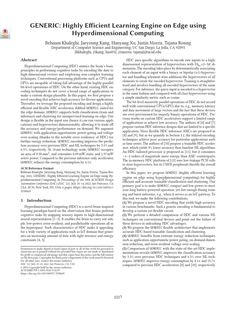 DAC'22 - GENERIC - Highly Efficient Learning Engine On Edge Using Hyperdimensional Computing ...