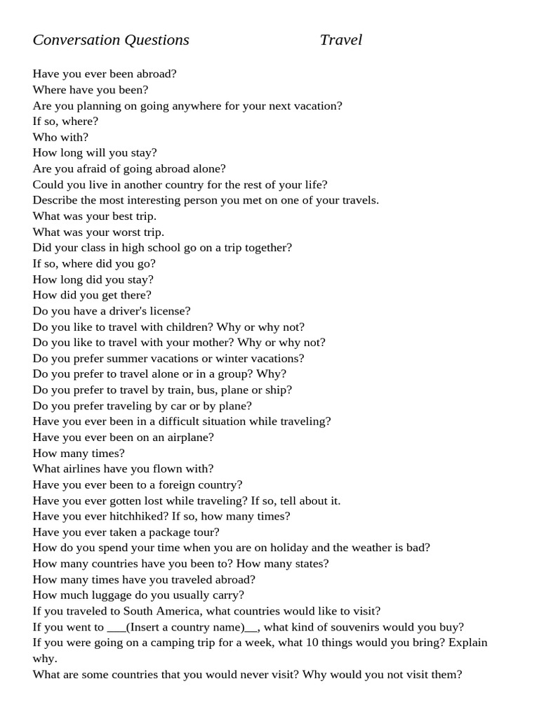 Travel Conversation Questions for ESL | PDF | Vacation