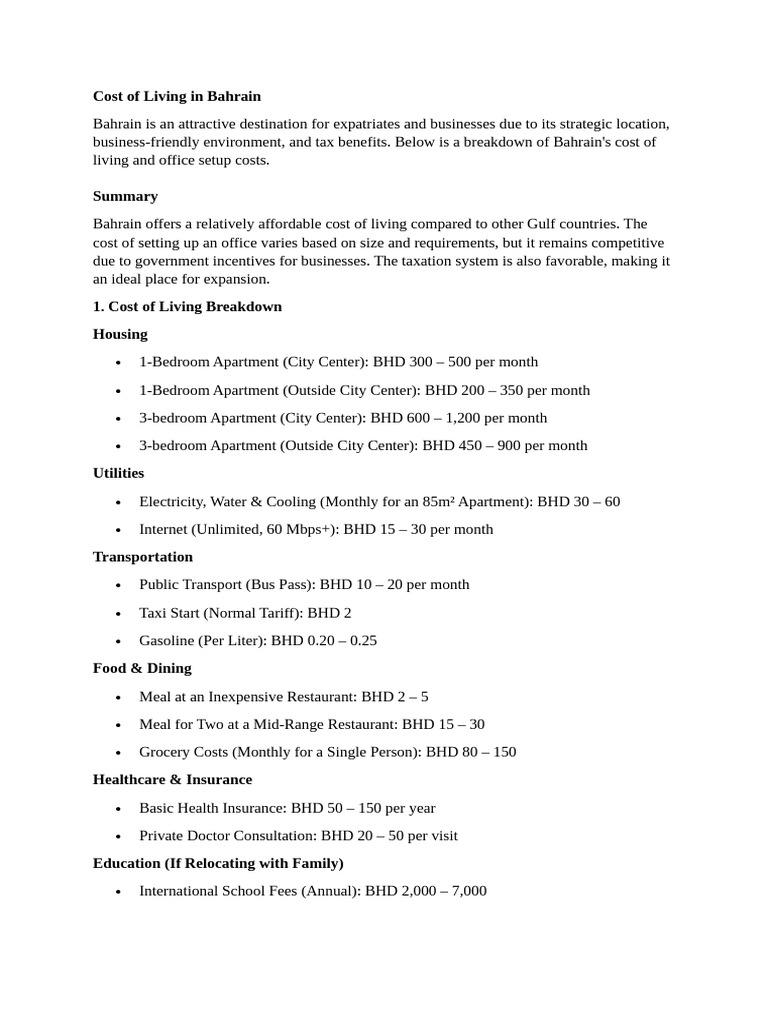 Bahrain Living & Office Costs Guide | PDF | Cost Of Living | Taxes