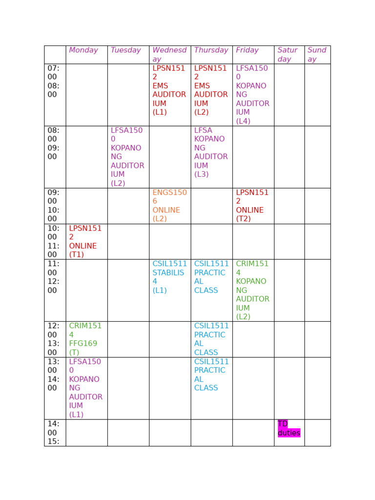 Sesethu Updated Time Table | PDF