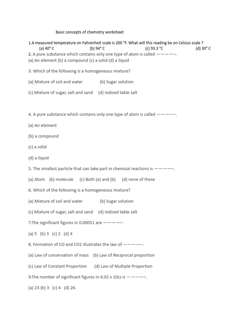 Chemistry Concepts Worksheet Quiz | PDF