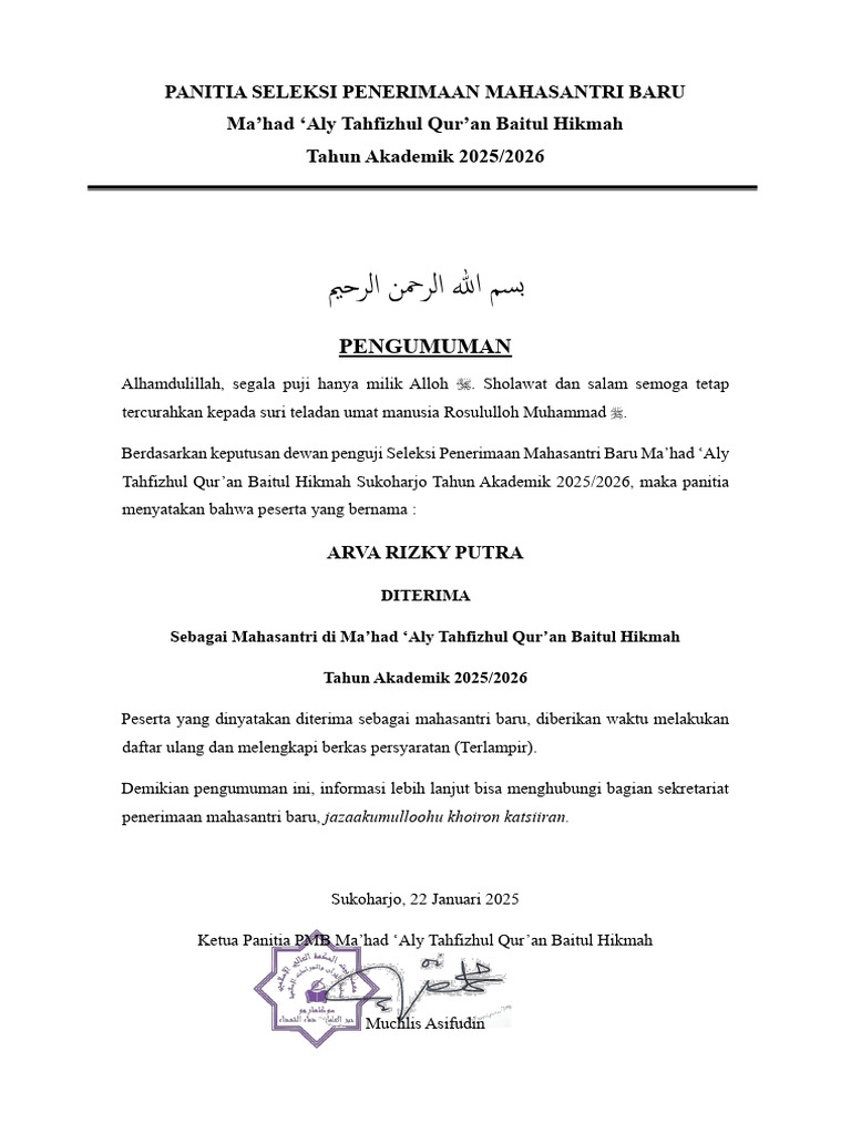 5 Pengumuman PMB Arva Rizky Putra | PDF