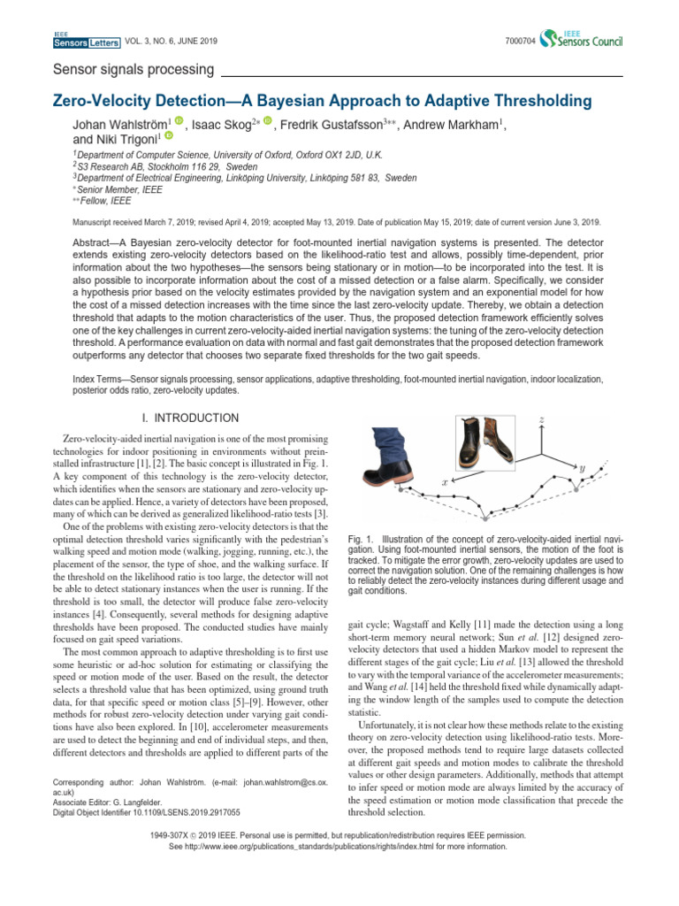 Zero-Velocity DetectionA Bayesian Approach To Adaptive Thresholding | PDF | Sensor | Statistical ...