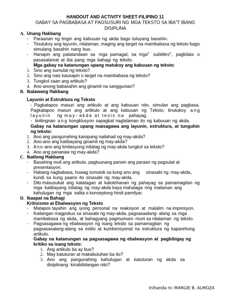Handout and Activity Sheet | PDF