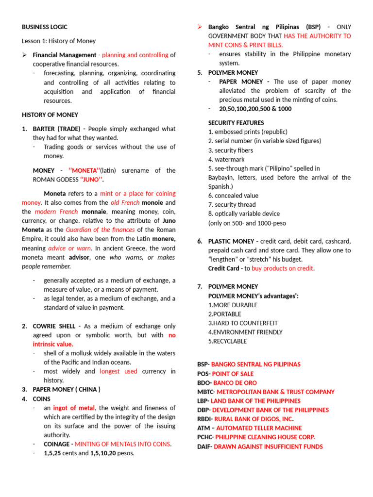 BUSLOGIC 1st - QUARTER - REVIEWER | PDF | Money | Currency