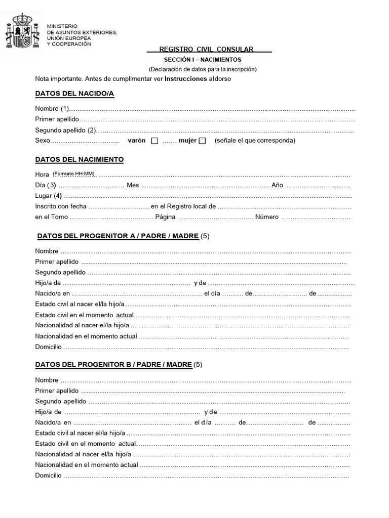 Formulario de Declaración de Datos para Solicitar Inscripción de Nacimiento (Hecho) | PDF ...