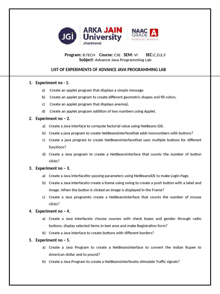 BTCS-BTCS 6t-List of Experiment of Advance Java Programming Lab. | PDF | Databases | Java ...