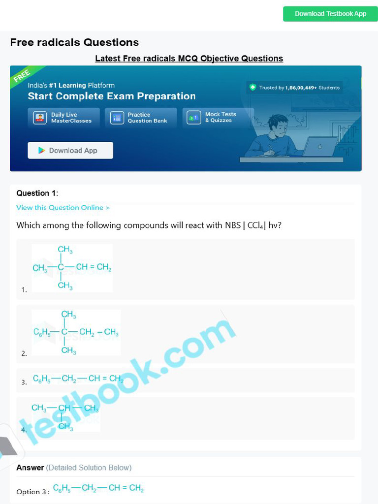 MCQ On Free Radicals 63f356adbed724ea4c82eafb | PDF