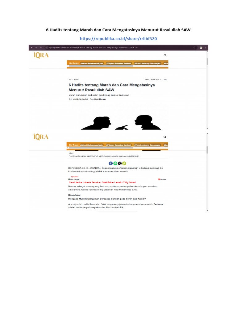 6 Hadits tentang Marah dan Cara Mengatasinya Menurut Rasulullah SAW | PDF