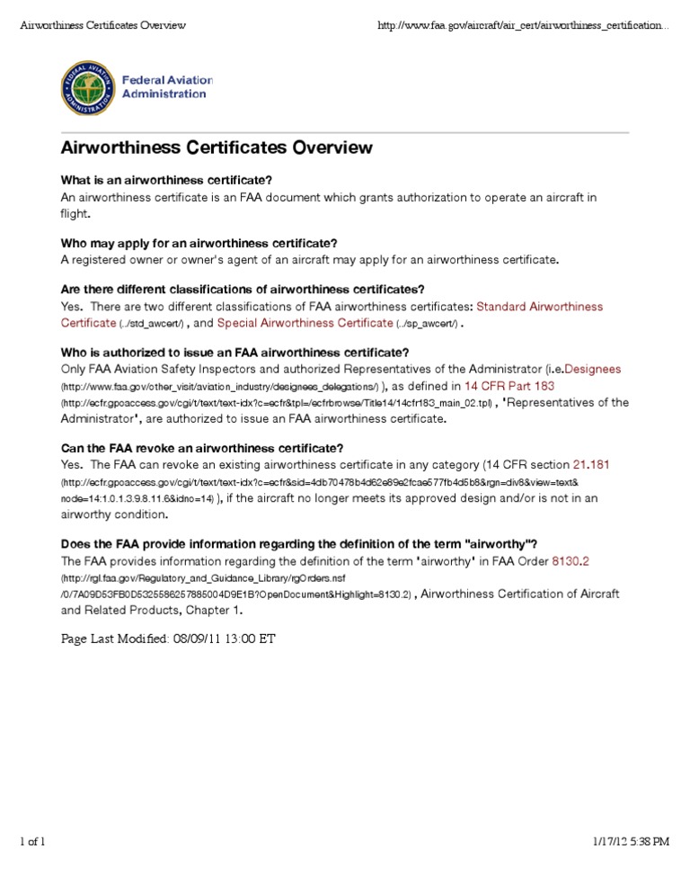 Airworthiness Certificates Overview: Standard Airworthiness Certificate ...