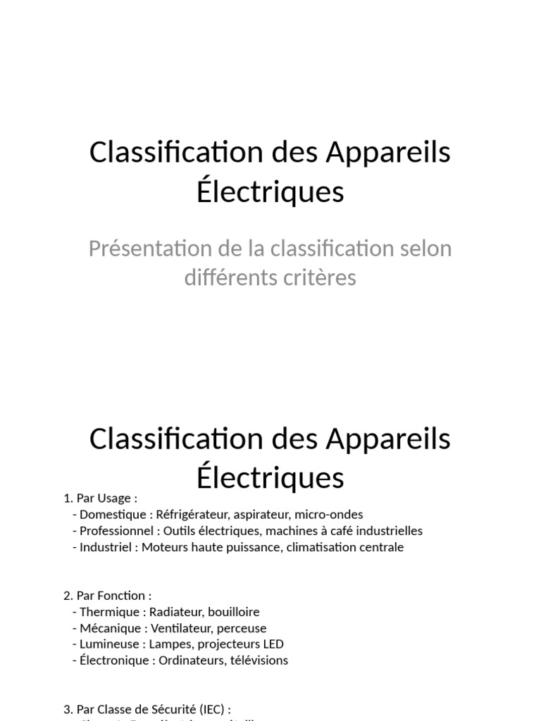 Classification Appareils Electriques | PDF