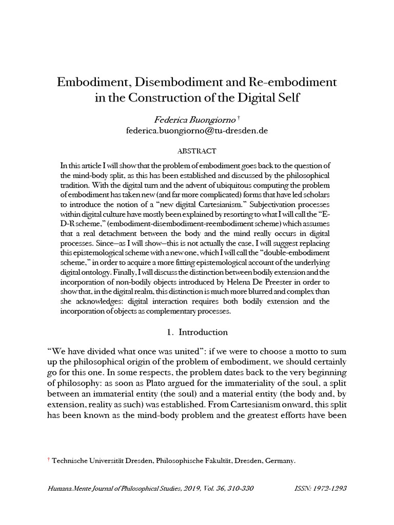 + Buongiorno (2019) Embodiment, Disembodiment and Re-Embodiment in The ...