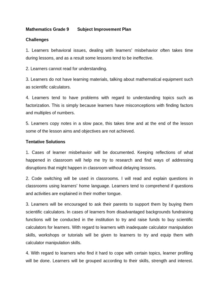 Mathematics Grade 9 Subject Improvement Plan | PDF | Learning | Human ...