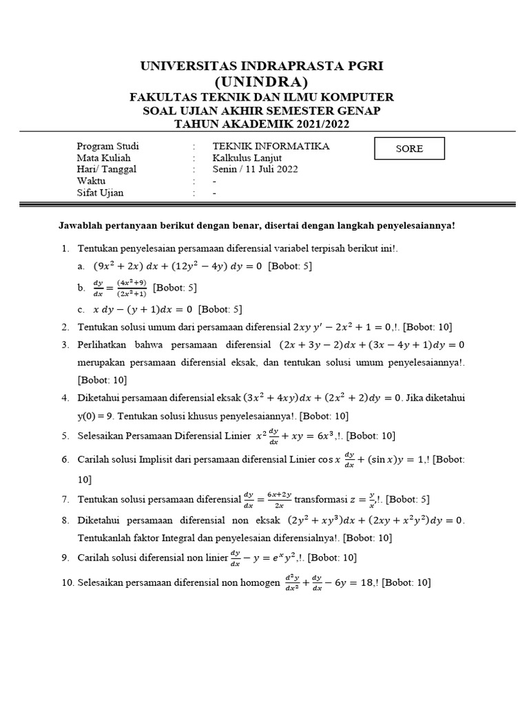 UAS Kalkulus Lanjut Sore | PDF