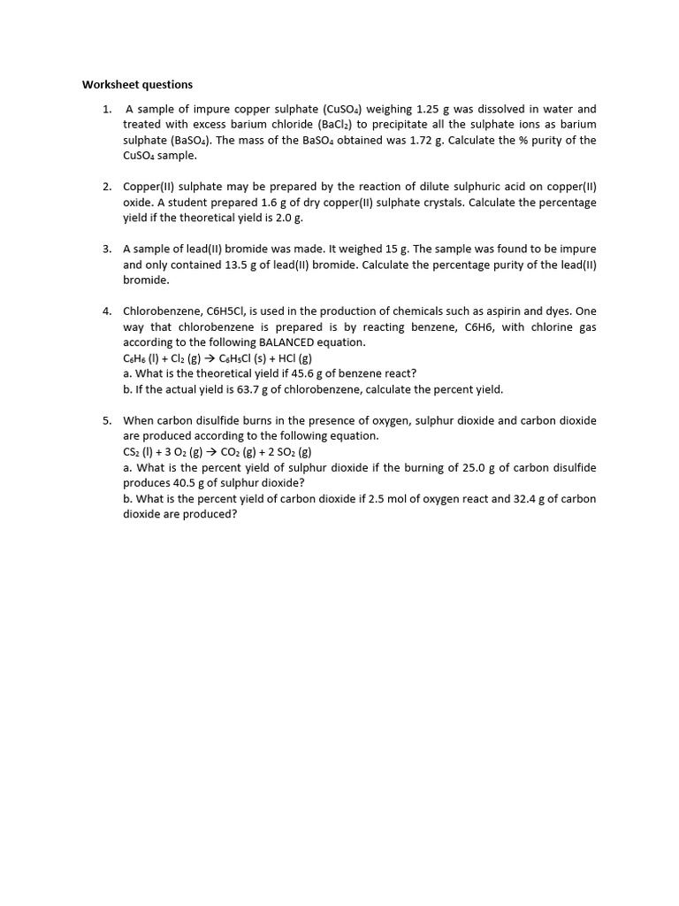 Percent Purity and Yield Calculations | PDF