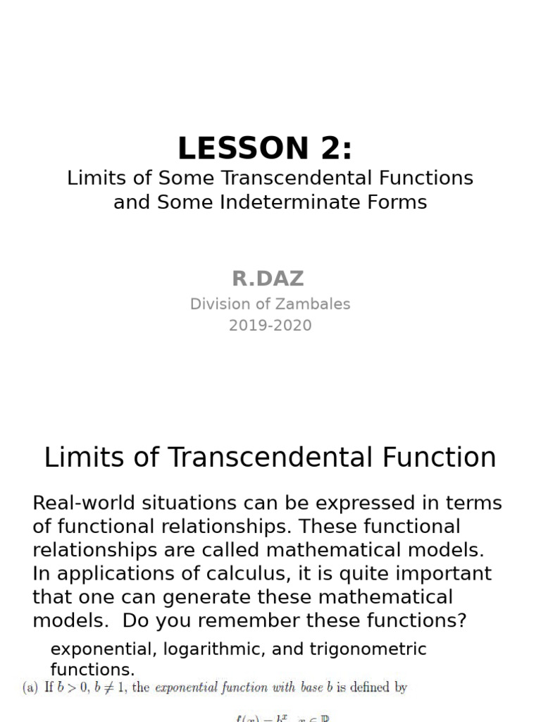 LESSON 2 Limits of Some Transcendental Functions and Some | PDF ...