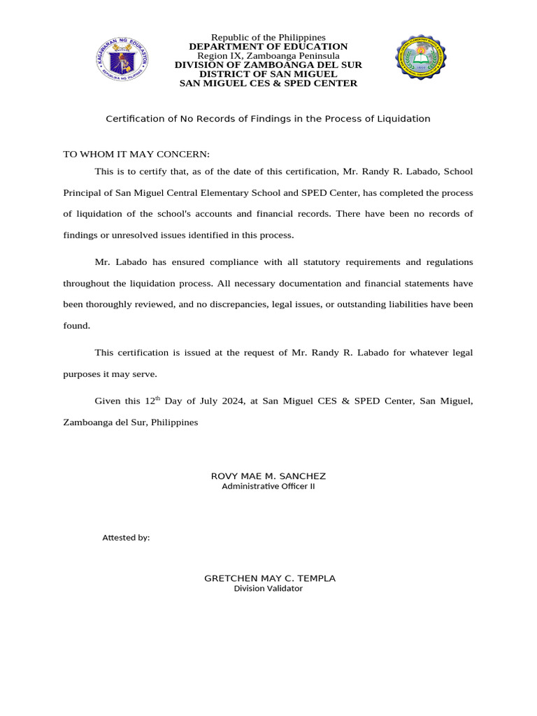 Certification of No Findings No Discrepancies of Check Issuances | PDF ...