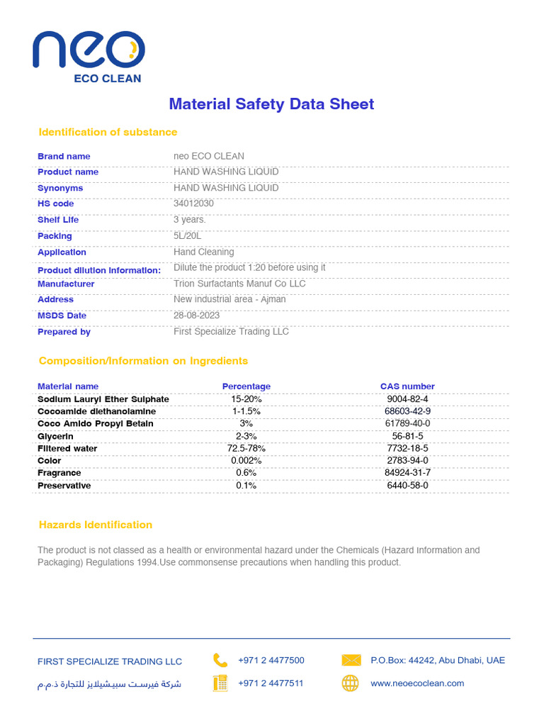 Neo Eco Clean Hand Washing Liquid MSDS | PDF | Dangerous Goods ...
