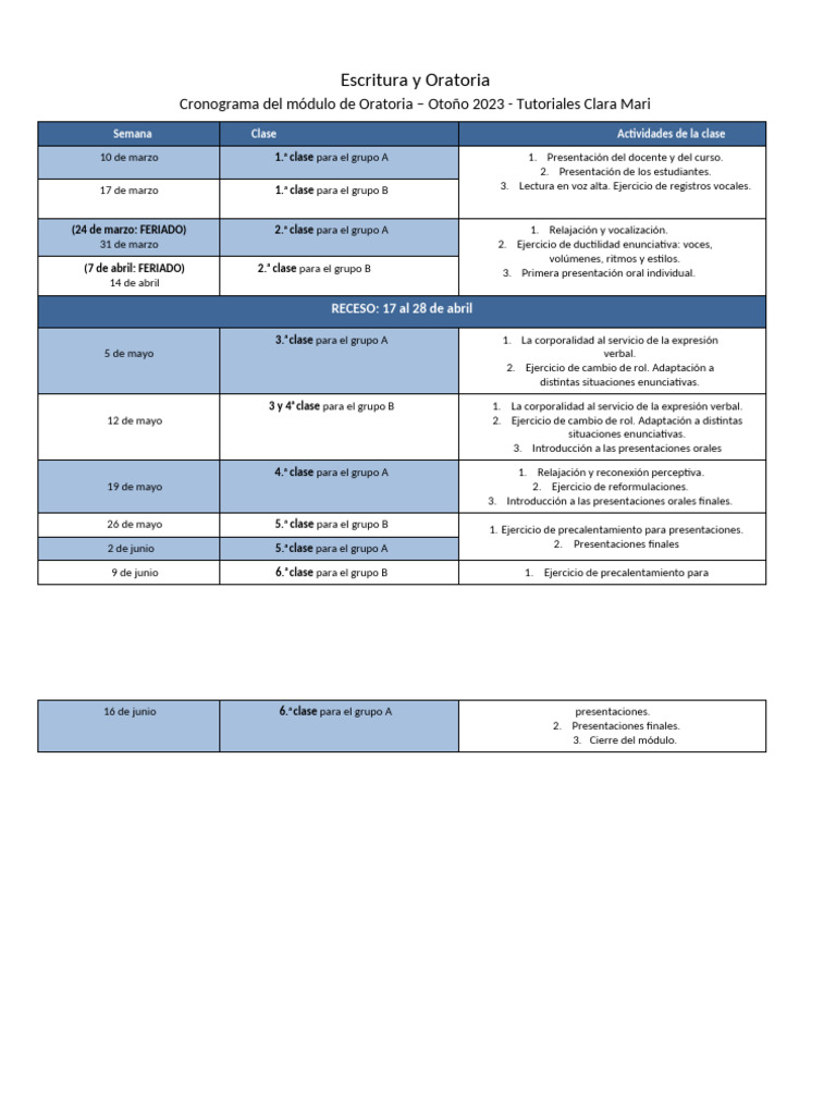 Cronograma de Clases de Oratoria. Otoño 2023 - Tutoriales Clara Mari | PDF