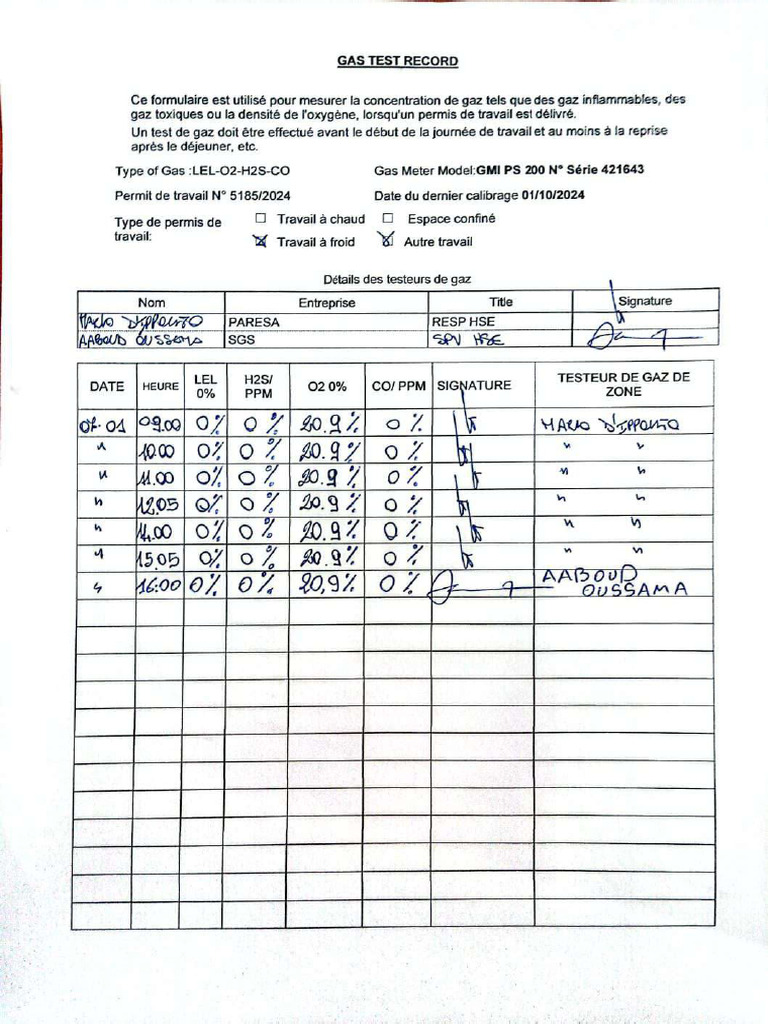 Gaz test record du 07.01.2025 | PDF