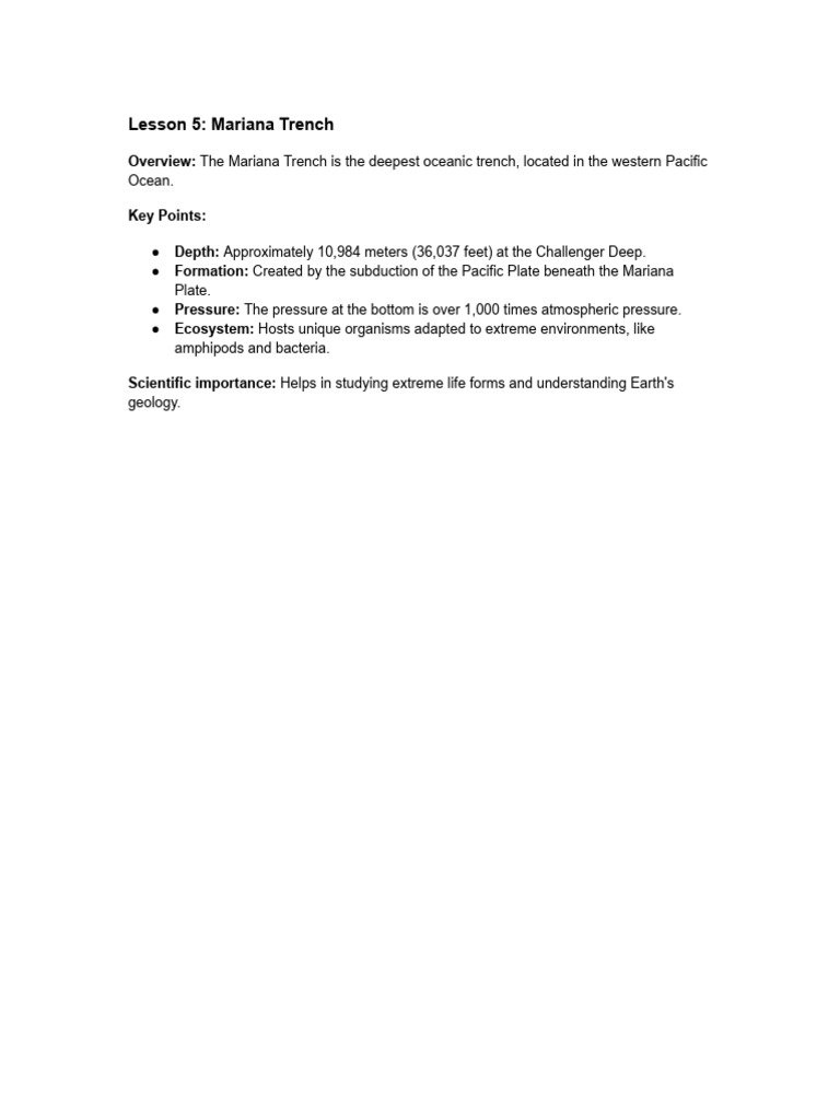Mariana Trench: Depth, Formation, Ecosystem | PDF