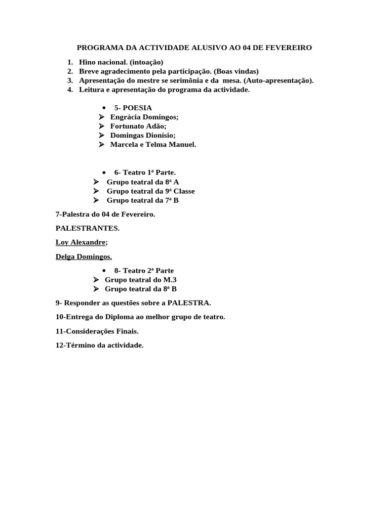 Programa Da Actividade Alusivo Ao 04 de Fevereiro | PDF