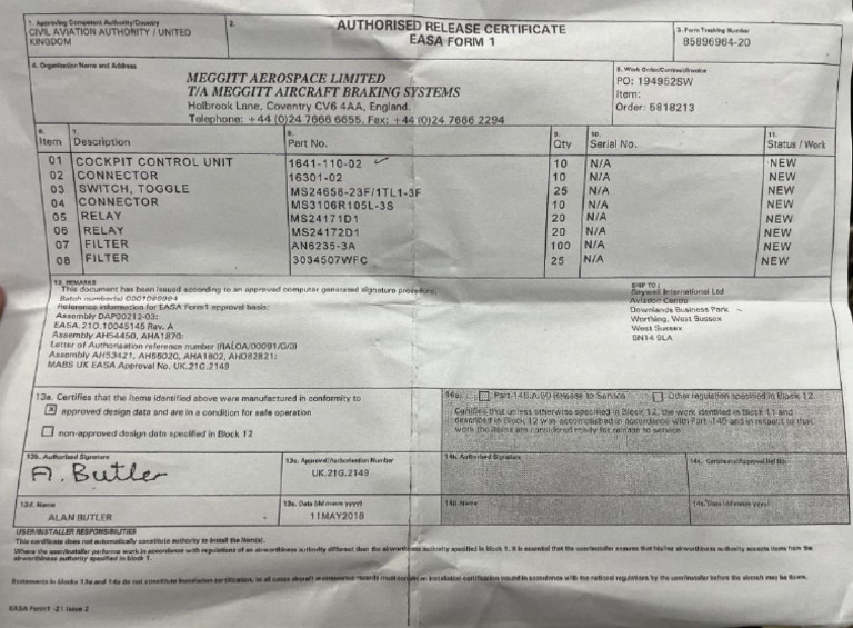 EASA Form 1 (Installation Kit CVR-120A PN - 1606-00-01 SN - 353) | PDF
