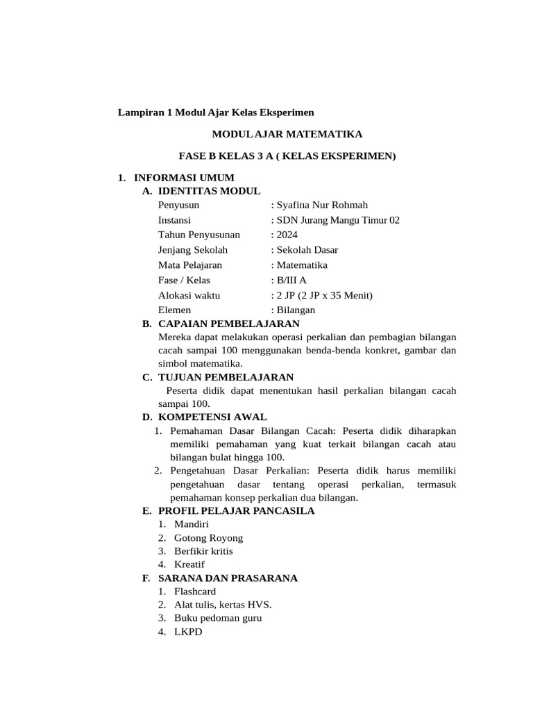 Modul Ajar Matematika Eksperimen | PDF