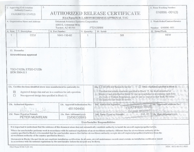 FAA Form 8130-3 (CCU PN_1641-110-02; SN_581) | PDF